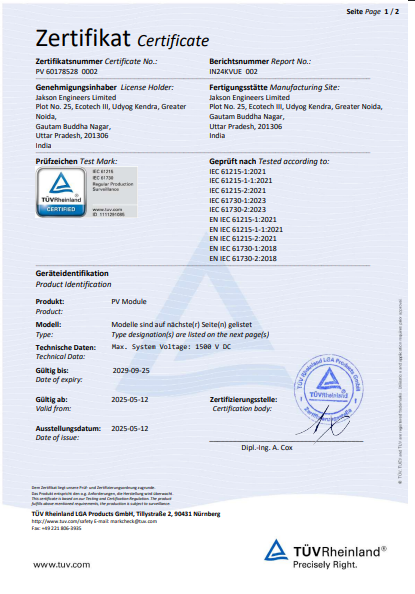 TOPCon G12R – IEC Certificate - Jakson Solar - India's Leading Solar ...